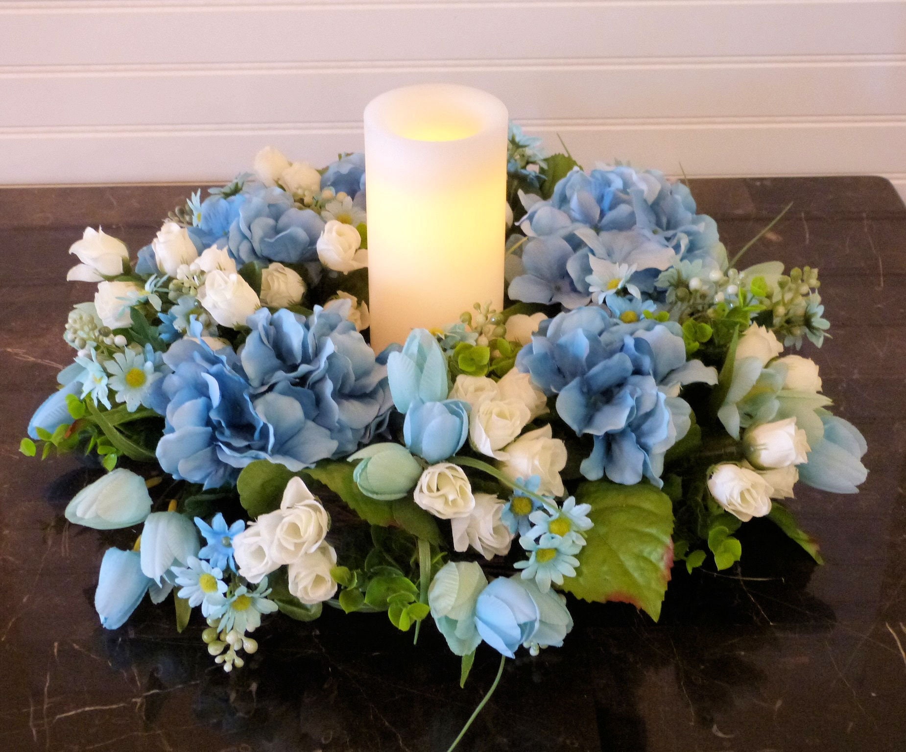 Blue Hydrangea Candle Ring, Candle Wreath Rings, Candle Arrangement ...