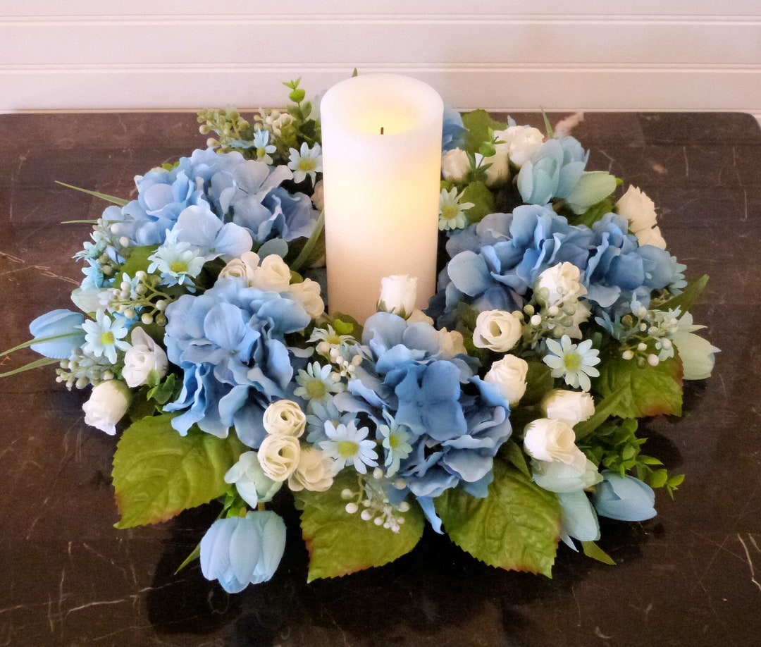 Blue Hydrangea Candle Ring, Candle Wreath Rings, Candle Arrangement ...