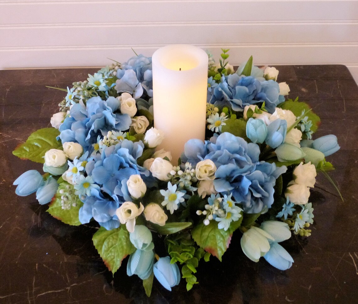 Blue Hydrangea Candle Ring, Candle Wreath Rings, Candle Arrangement ...