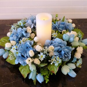 Blue Hydrangea Candle Ring, Candle Wreath Rings, Candle Arrangement ...