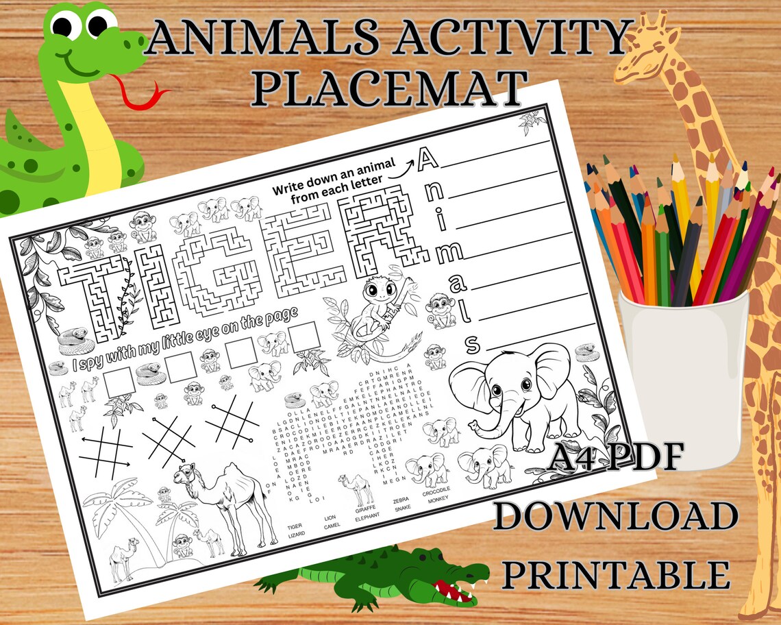 Africa Animals Kids Activity Placemat Printable Sheet Page for Children ...