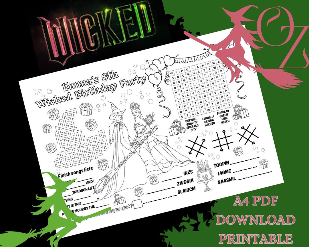 Inspired by Wicked Kids Activity Placemat Printable Work Sheet Page ...