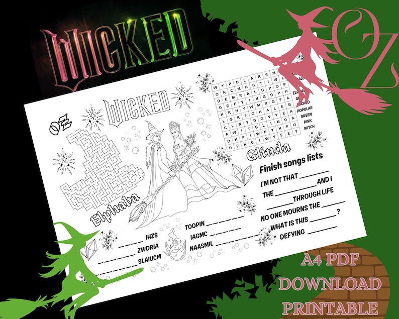 Inspired by Wicked Kids Activity Placemat Printable Work Sheet Page ...