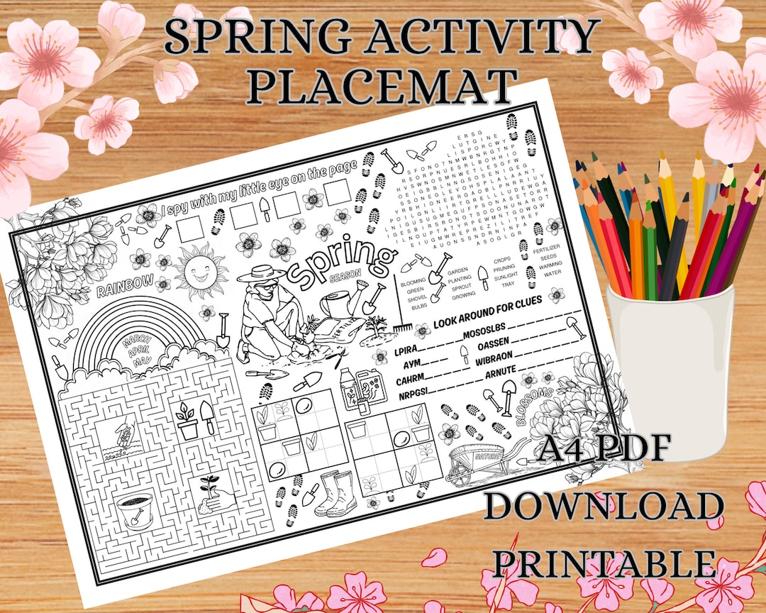 Spring Kids Activity Placemat Printable Sheet Page for Children Party ...