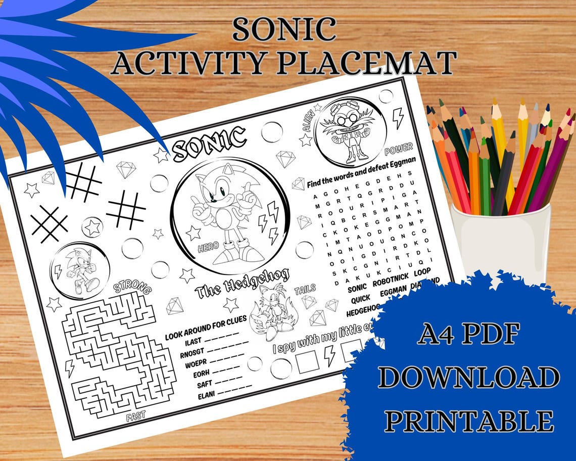 Sonic Hedgehog Kids Activity Placemat Printable Sheet Worksheet Page ...