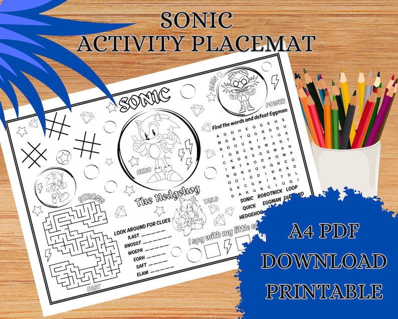 Sonic Hedgehog Kids Activity Placemat Printable Sheet Worksheet Page ...