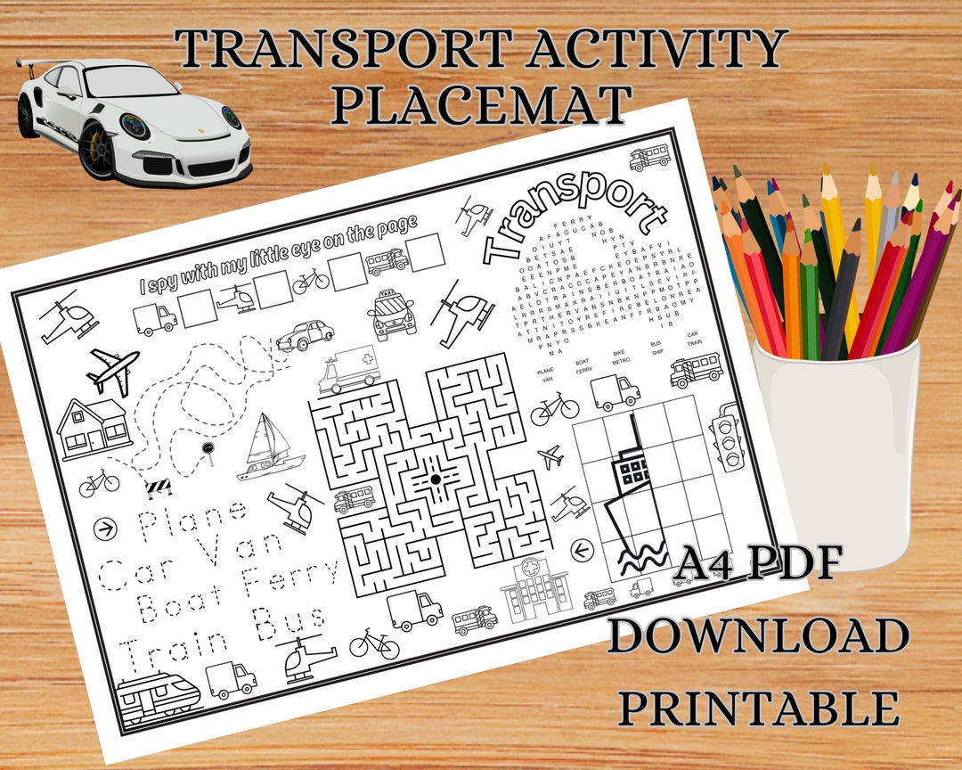 Transport Kids Activity Placemat Printable Sheet Page for Children ...