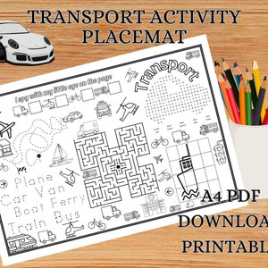 Transport Kids Activity Placemat Printable Sheet Page for Children ...