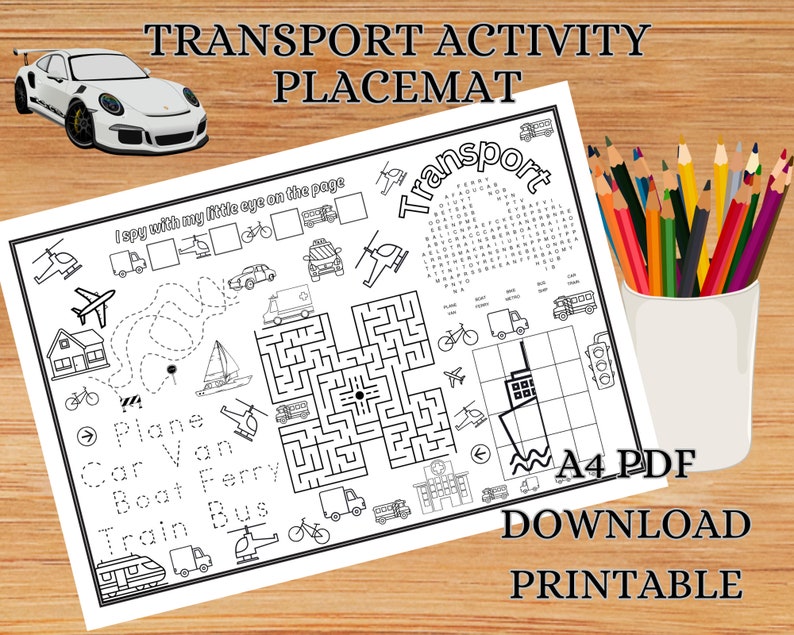 Transport Kids Activity Placemat Printable Sheet Page for Children ...