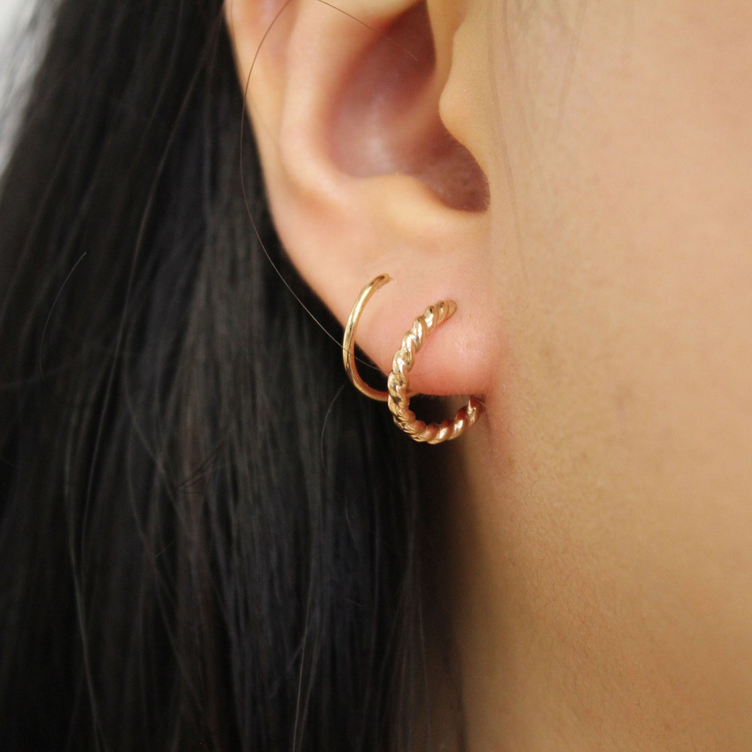 Faux Double Piercing, Gold Filled Twist Double Hoop Earrings, 14k Gold ...