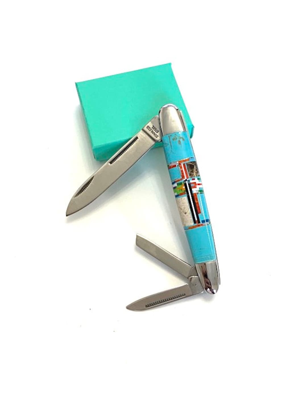 Navajo Style Multiple Blade Pocket Knife With Multicolor Inlay ...