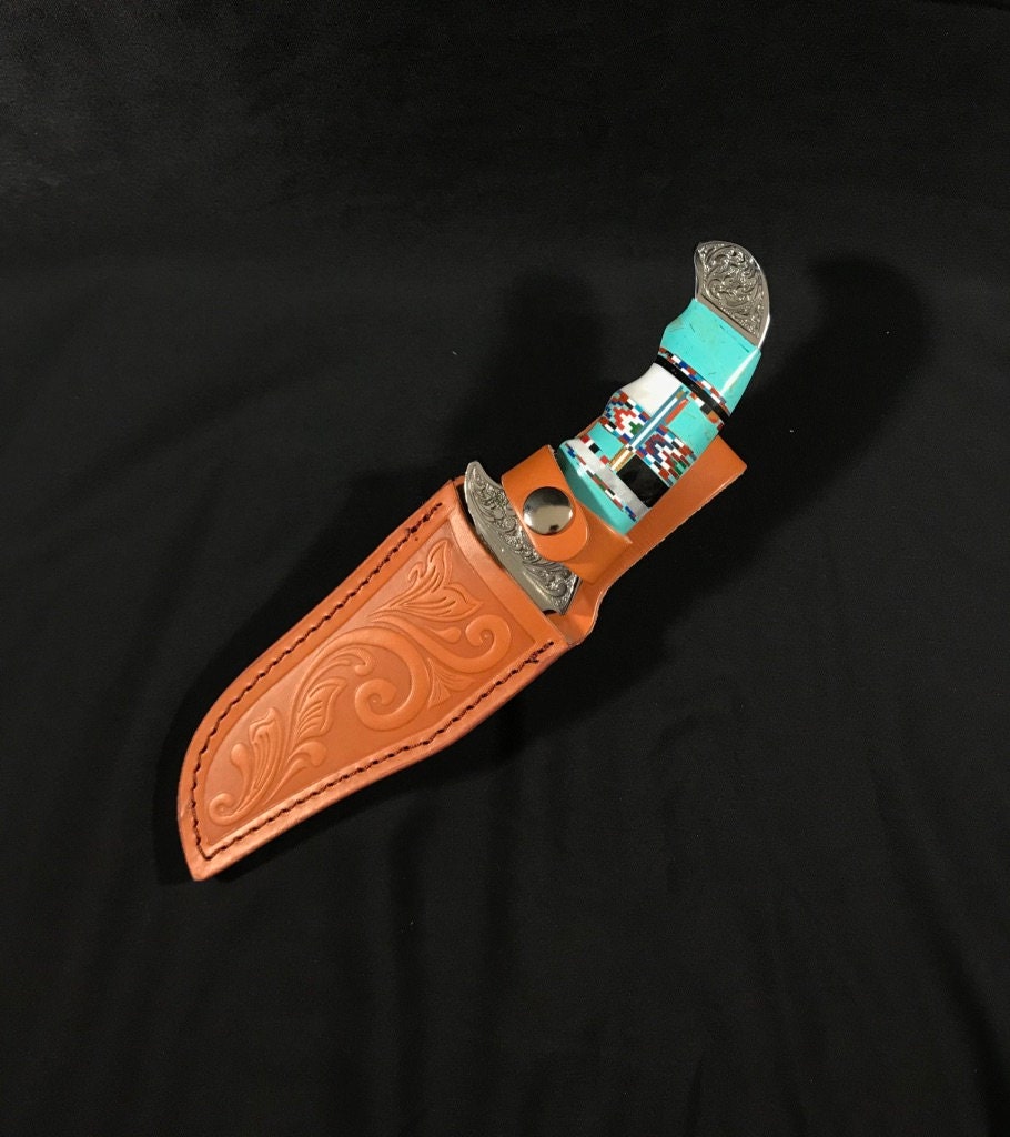 Big Stainless Steel Boot Knife With Multicolor Inlay & Turquoise 10-3/4 ...