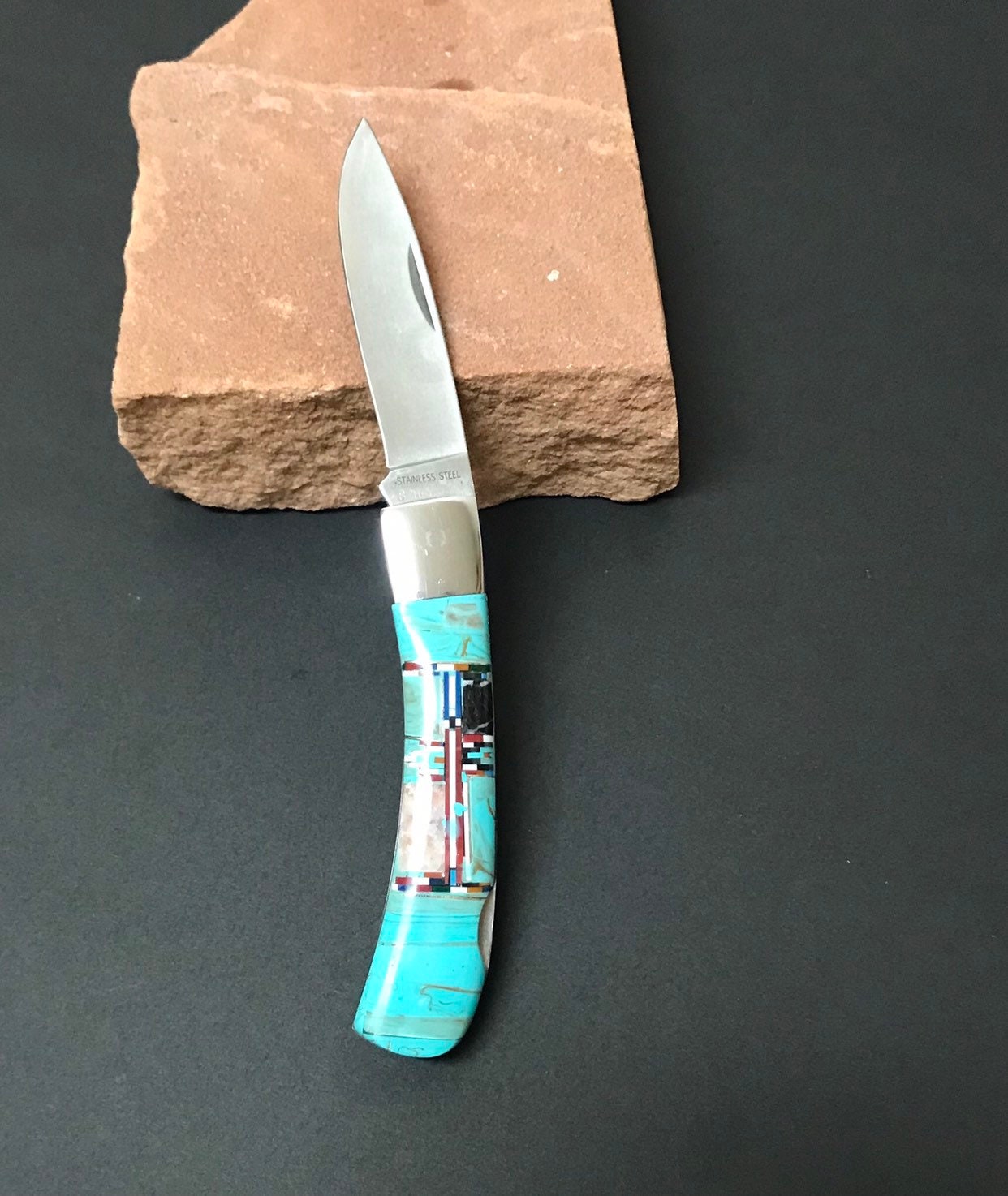 Single Blade Pocket Knife With Multicolor Inlay & Turquoise - Etsy