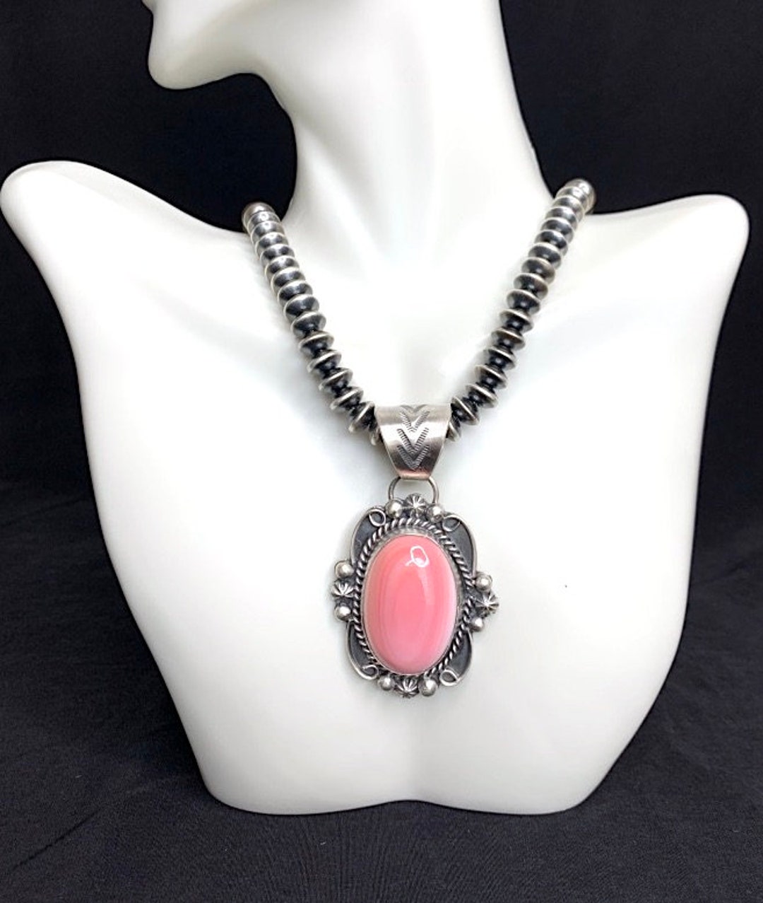 Large Pink Conch & Sterling Silver Pendant. Navajo Made. Signed, Chain ...