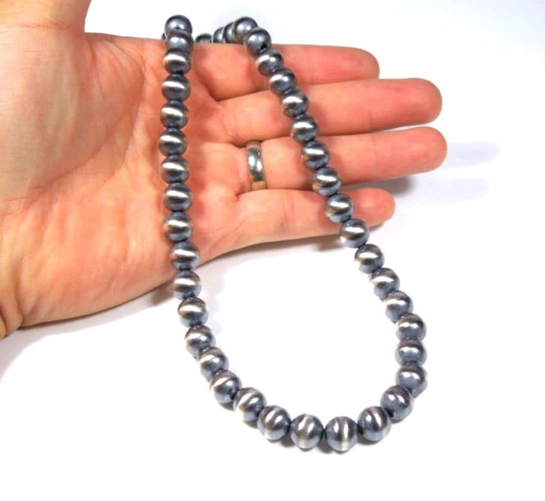 Handmade 8mm Navajo Pearl Sterling Silver Beads Necklace 20'' Long ...