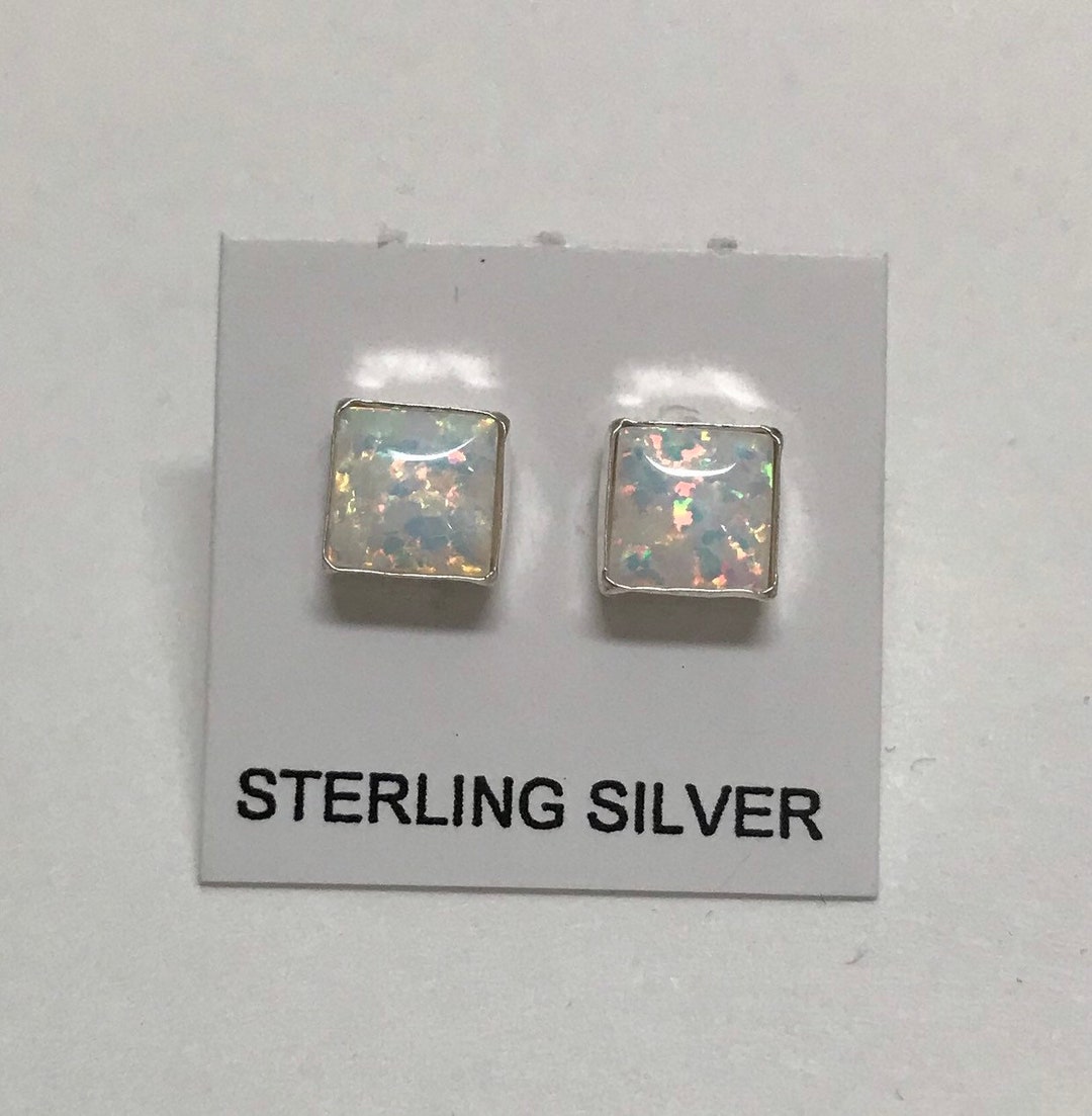 6mm Square White Fire Opal Genuine 925 Sterling Silver Stud Post ...