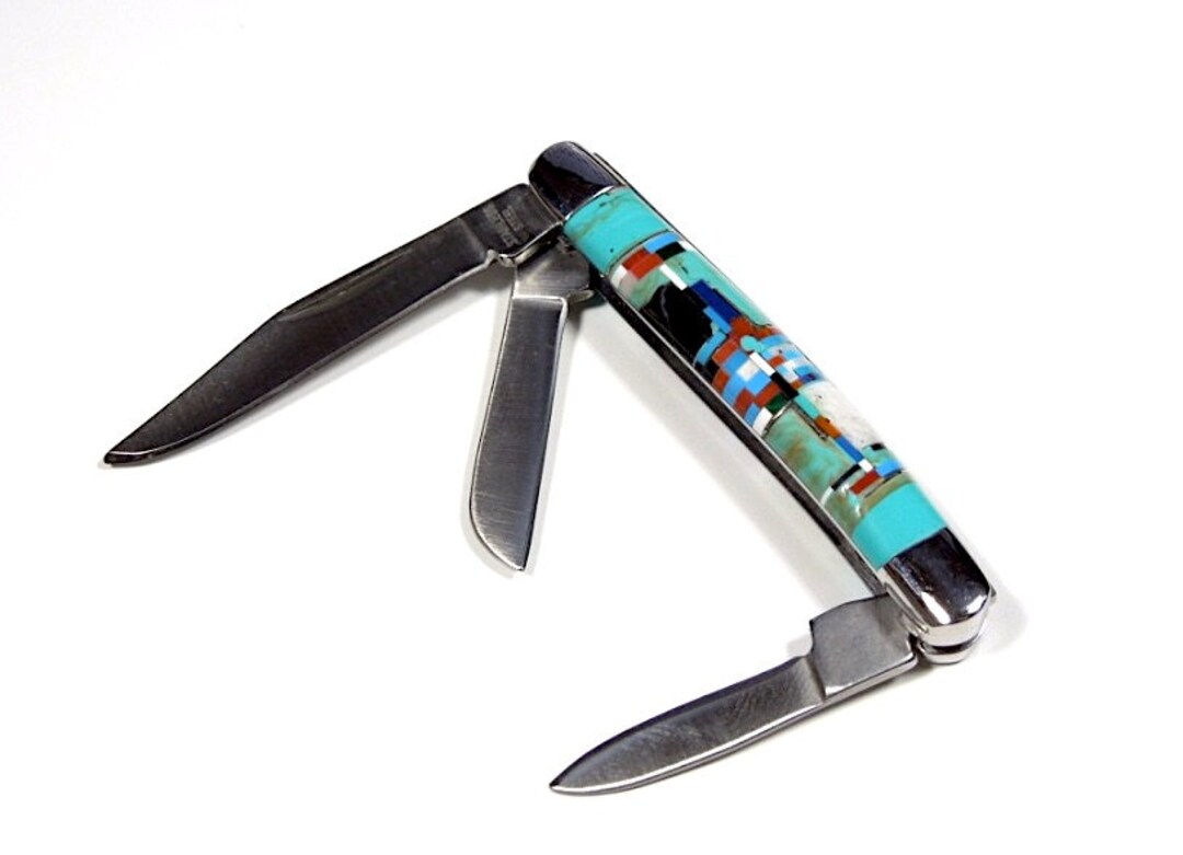Navajo Style Multiple Blade Pocket Knife With Multicolor Inlay ...