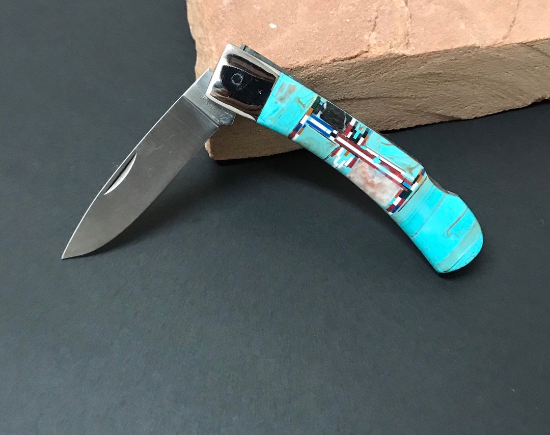 Single Blade Pocket Knife With Multicolor Inlay & Turquoise, Folding ...