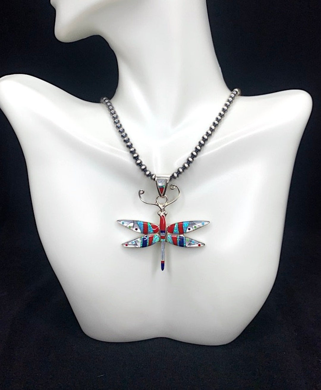 Handcrafted Multicolor Inlay 925 Sterling Silver Dragonfly Pendant ...