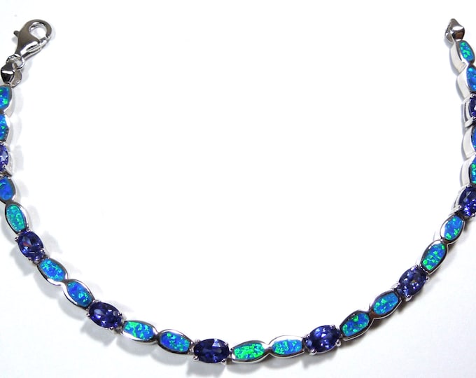 Tanzanite & Blue Fire Opal Inlay Genuine 925 Sterling Silver Link Tennis Bracelet 7-1/2'' - Etsy