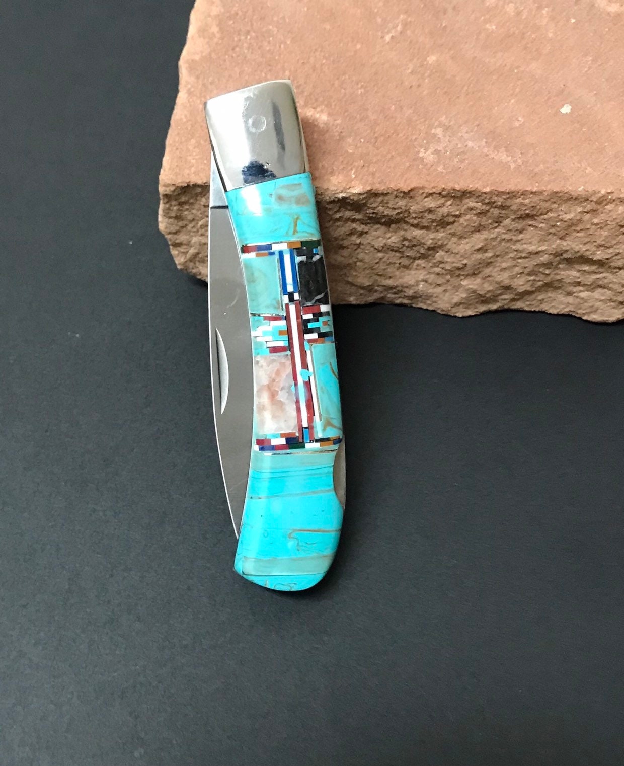 Single Blade Pocket Knife With Multicolor Inlay & Turquoise | Etsy
