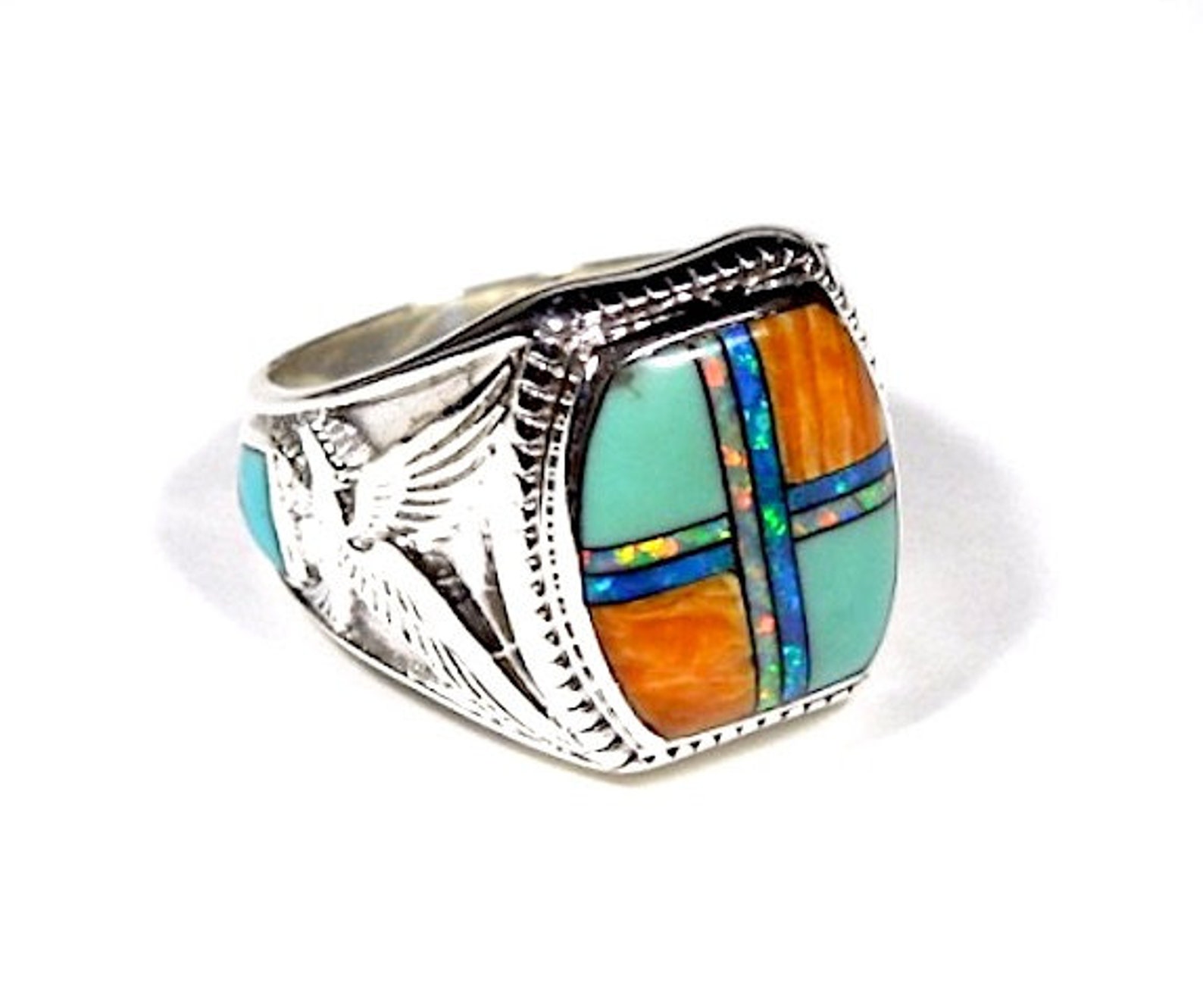 Genuine Multicolor, Fire Opal, Turquoise Inlay 925 Sterling Silver ...