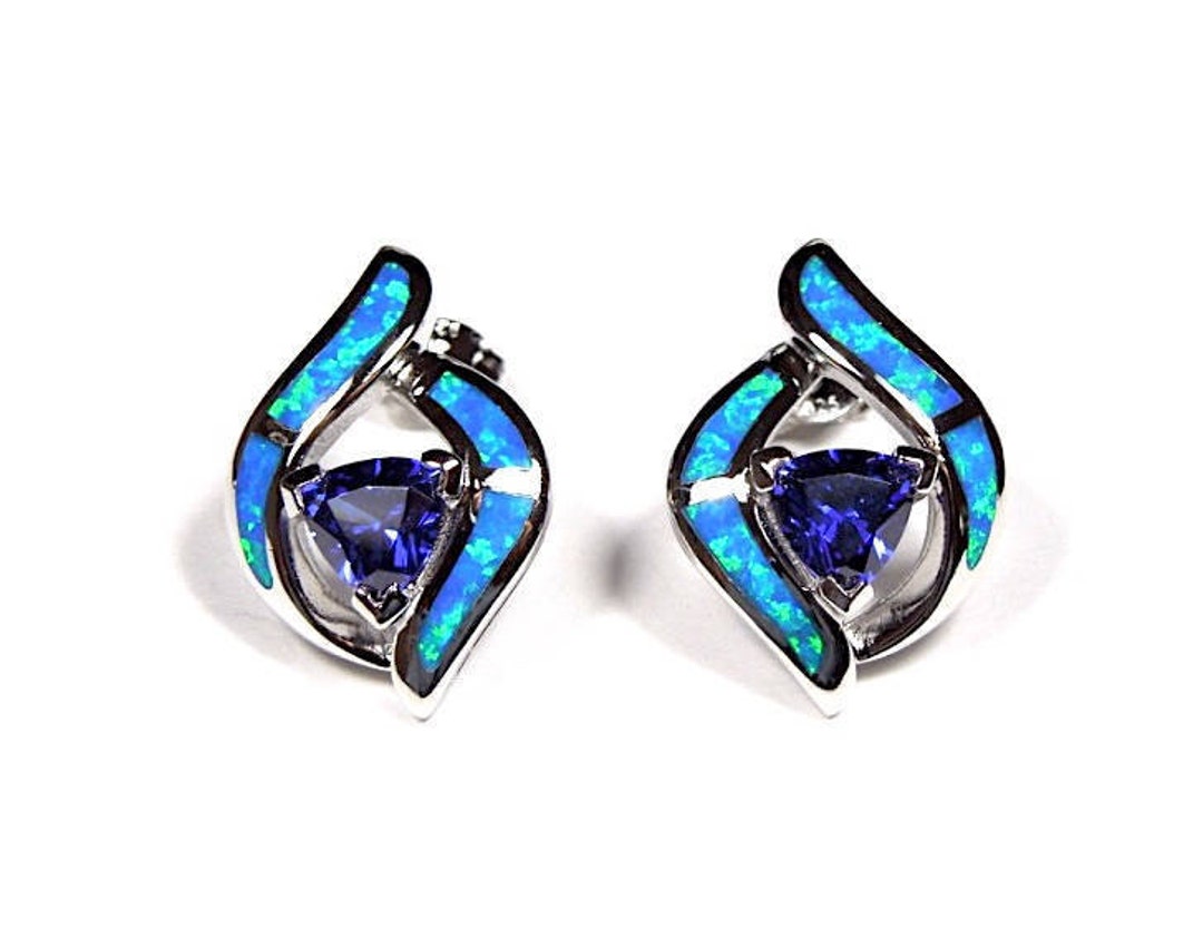 Tanzanite & Blue Fire Opal Inlay Genuine 925 Sterling Silver Stud Post Earrings - Etsy