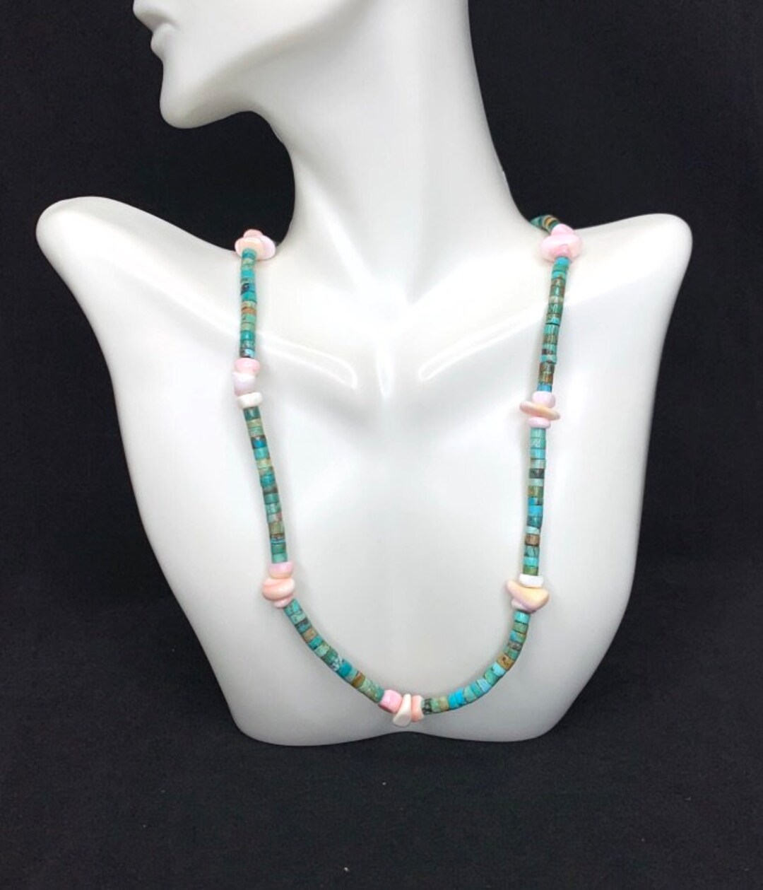 Genuine Heishi Turquoise & Pink Conch Necklace 18" Long, 925 Silver ...