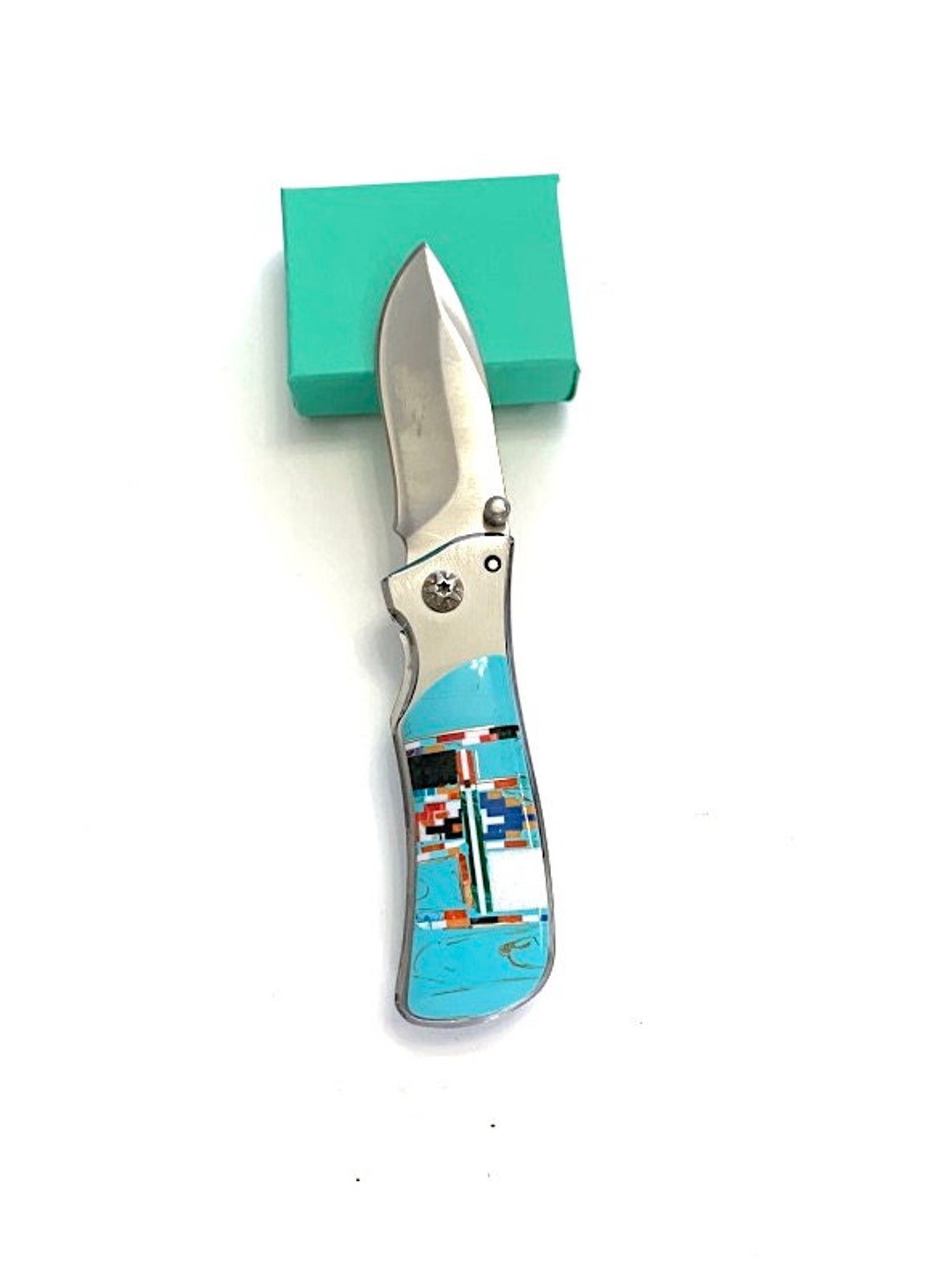 Southwest Style Single Blade Pocket Knife With Multicolor Inlay ...