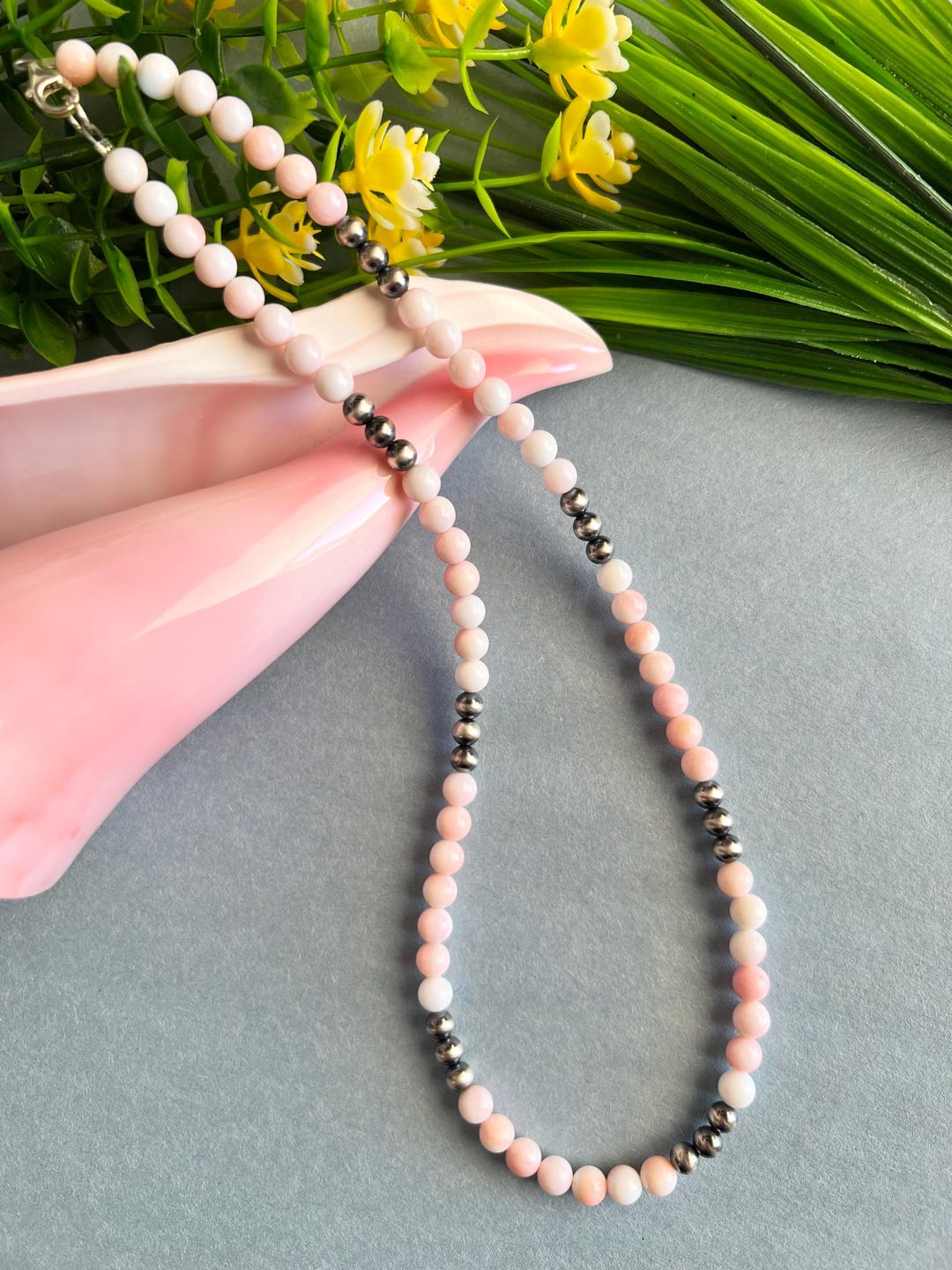 Pink Conch & Navajo Pearl Sterling Silver Bead Necklace 18” - Etsy