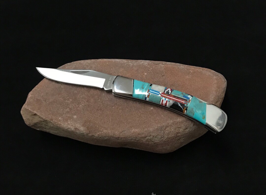 Single Blade Pocket Knife With Multicolor Inlay & Turquoise 6-1/4 ...