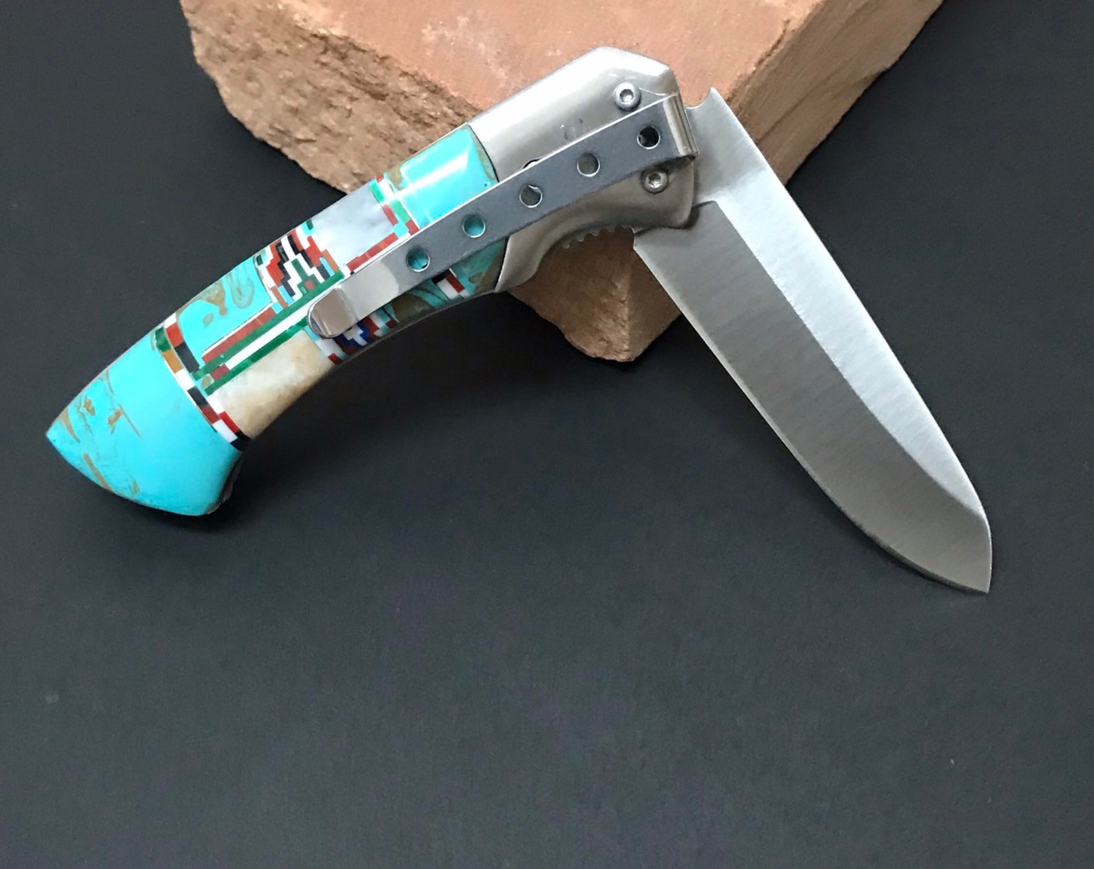 Single Blade Clip Pocket Knife With Multicolor Inlay & Turquoise 7-3/8 ...