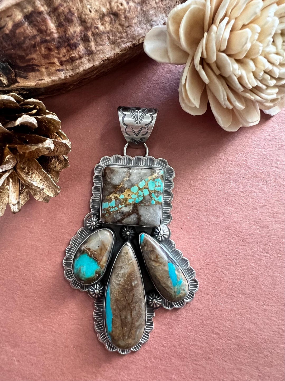 Handcrafted Genuine Turquoise Ribbon Stone 925 Sterling Silver Large ...