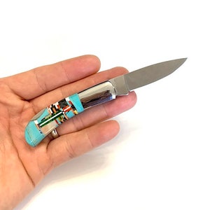 Small Single Blade Pocket Knife With Multicolor Inlay & Turquoise ...