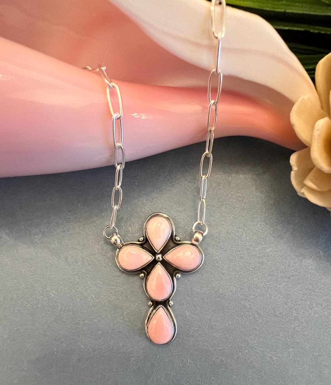Pink Conch Shell & 925 Sterling Silver Cross Necklace - Etsy