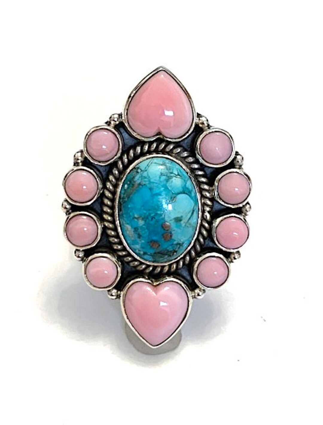 Pink Conch, Kingman Turquoise Cluster Adjustable Ring. 925 Sterling ...
