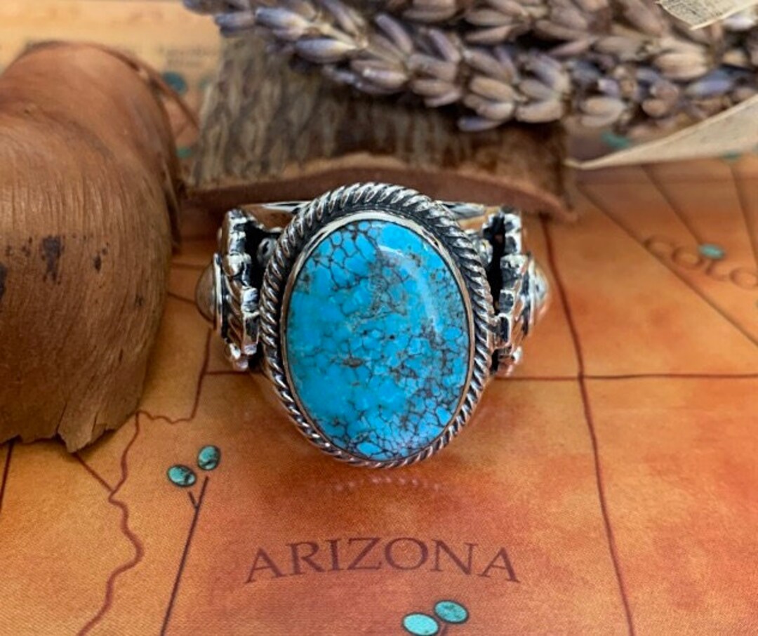 Genuine Huge Kingman Spider Web Turquoise 925 Sterling Silver Men's ...