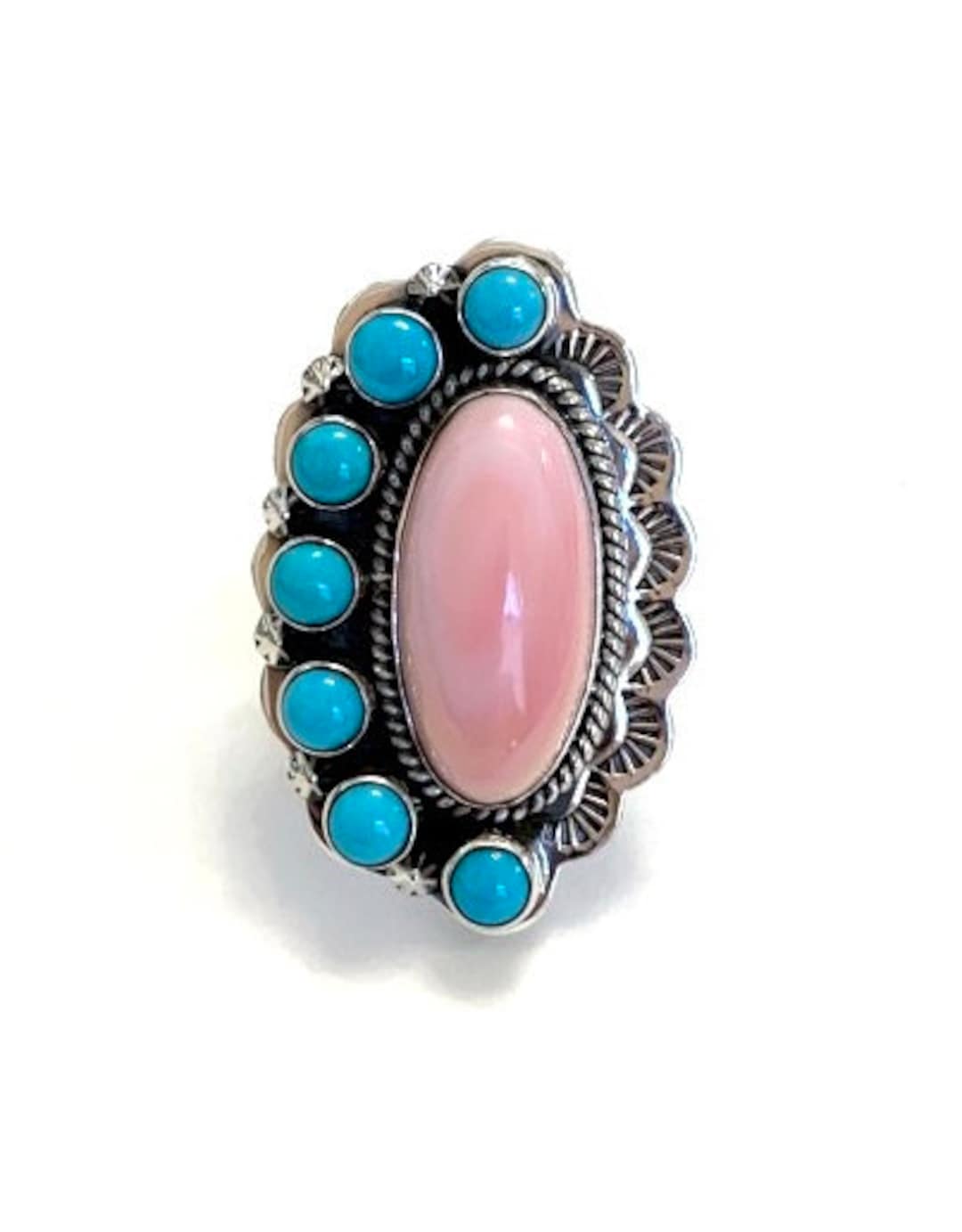 Pink Conch, Sleeping Beauty Turquoise Half Cluster Adjustable Ring. 925 ...