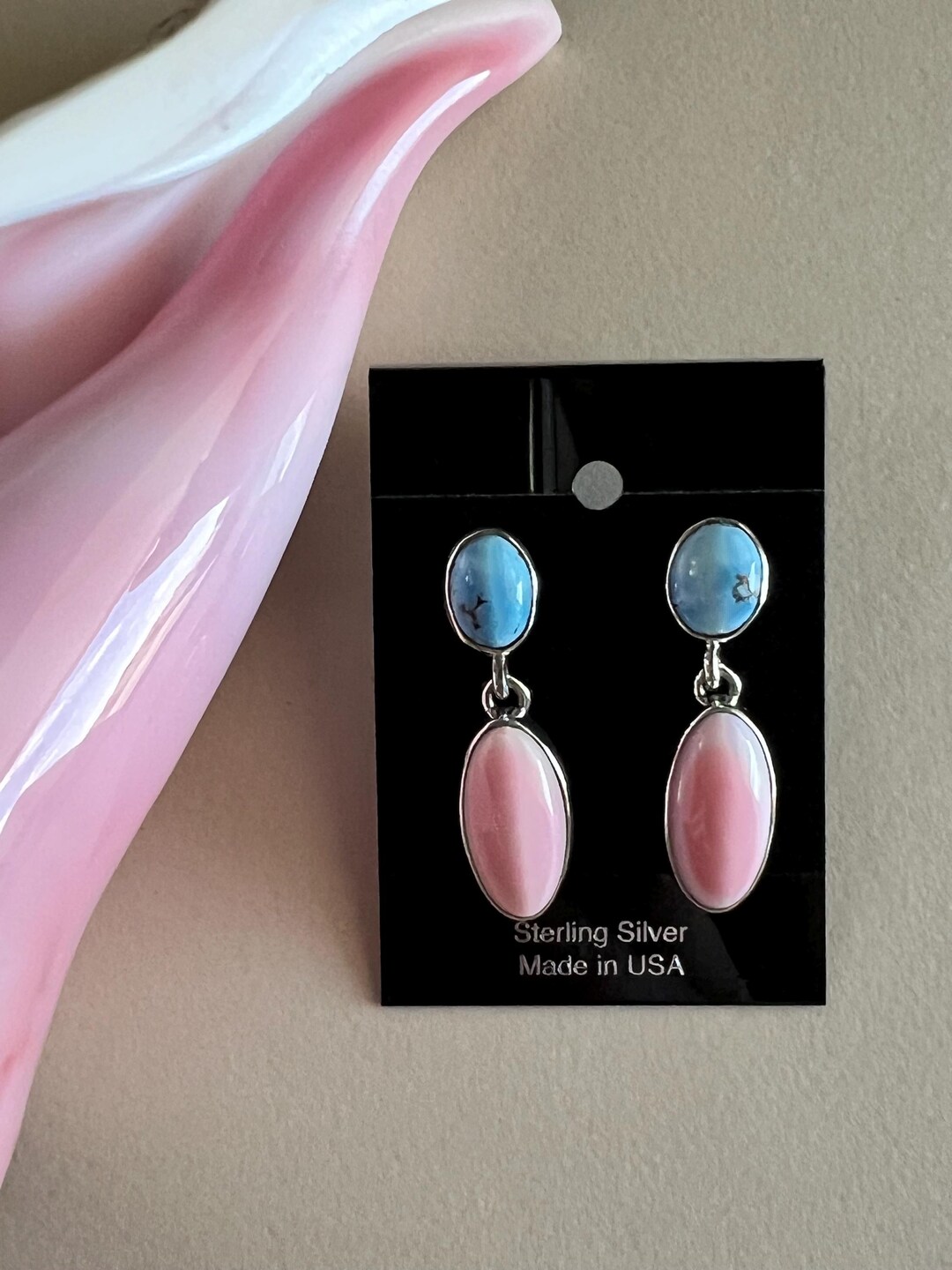 Pink Conch Shell & Golden Hill Turquoise Earrings 925 Sterling Silver - Etsy
