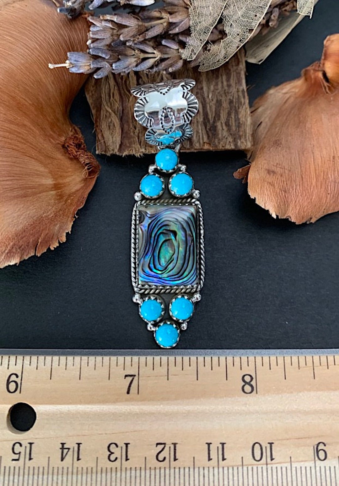 Sleeping Beauty Turquoise & Abalone Shell Pendant. 925 Sterling Silver ...