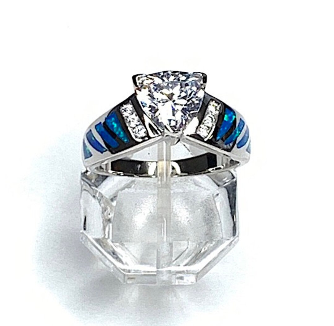 Blue Inlay Fire Opal & Topaz Ring Size 6,7,8,9, Genuine 925 Sterling ...