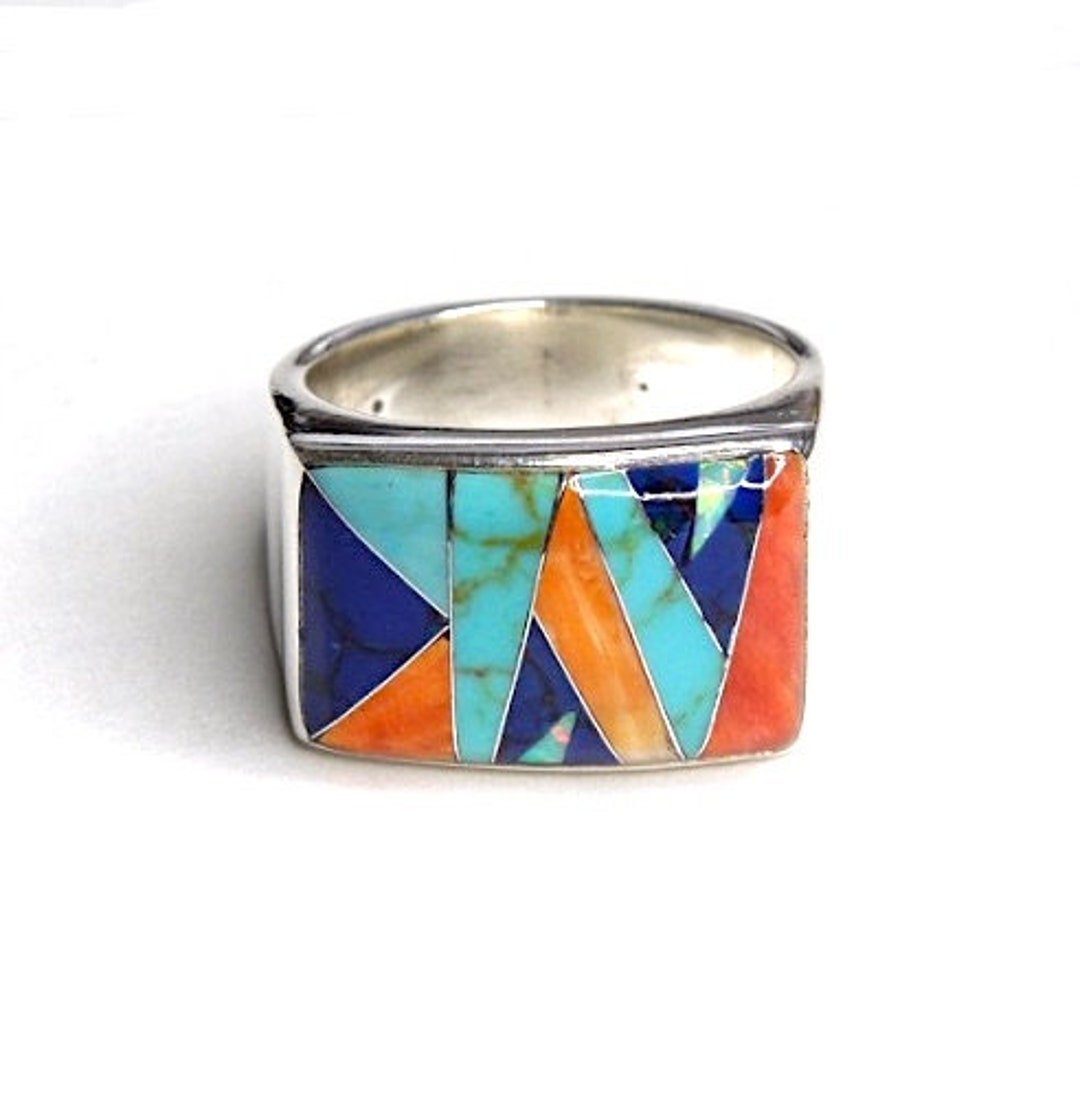 Multicolor, Turquoise Inlay Ring Size 9,10,11,11.5. 925 Sterling Silver ...