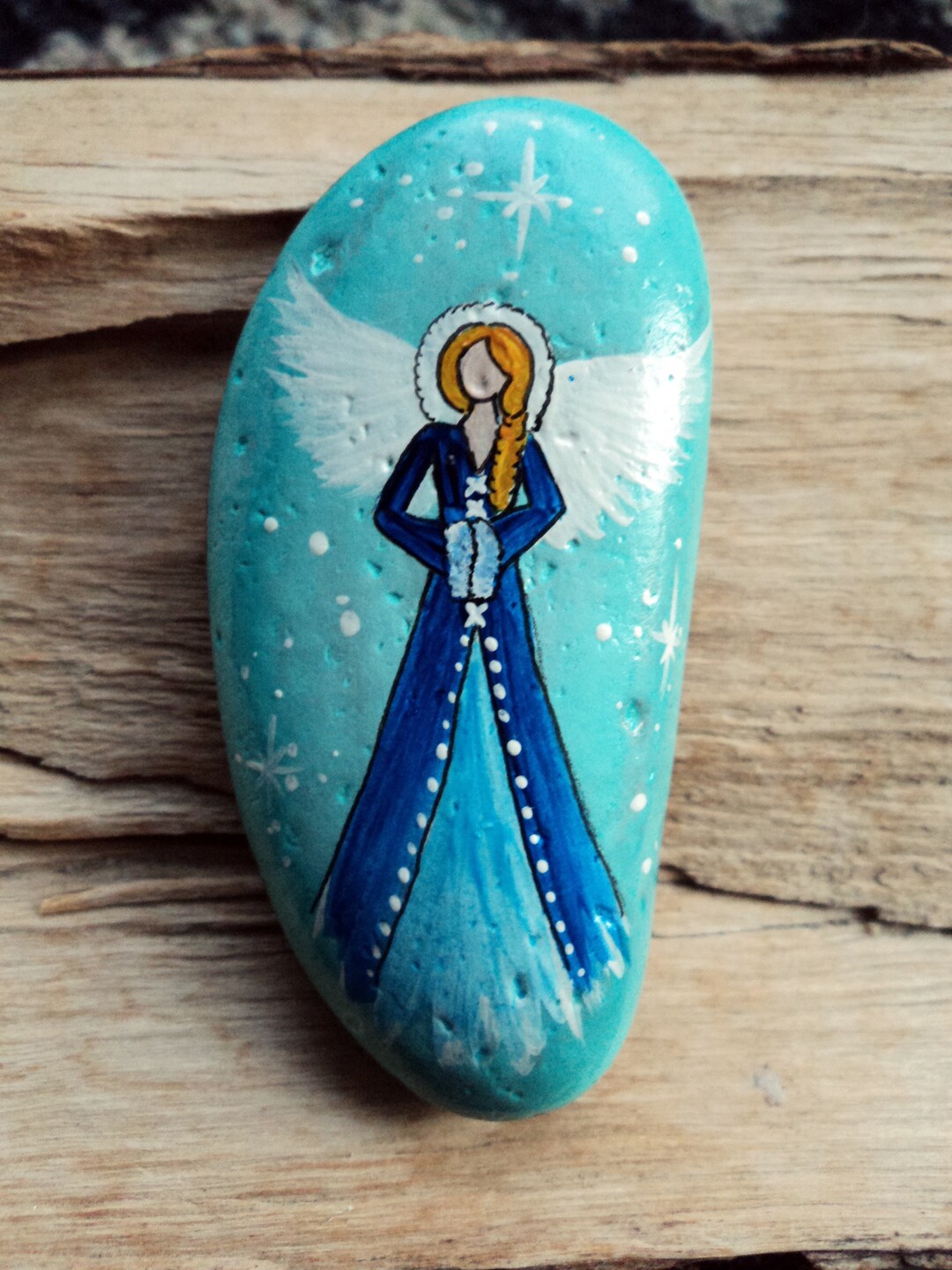 Hand Painted Angel Stone winter Angel - Etsy
