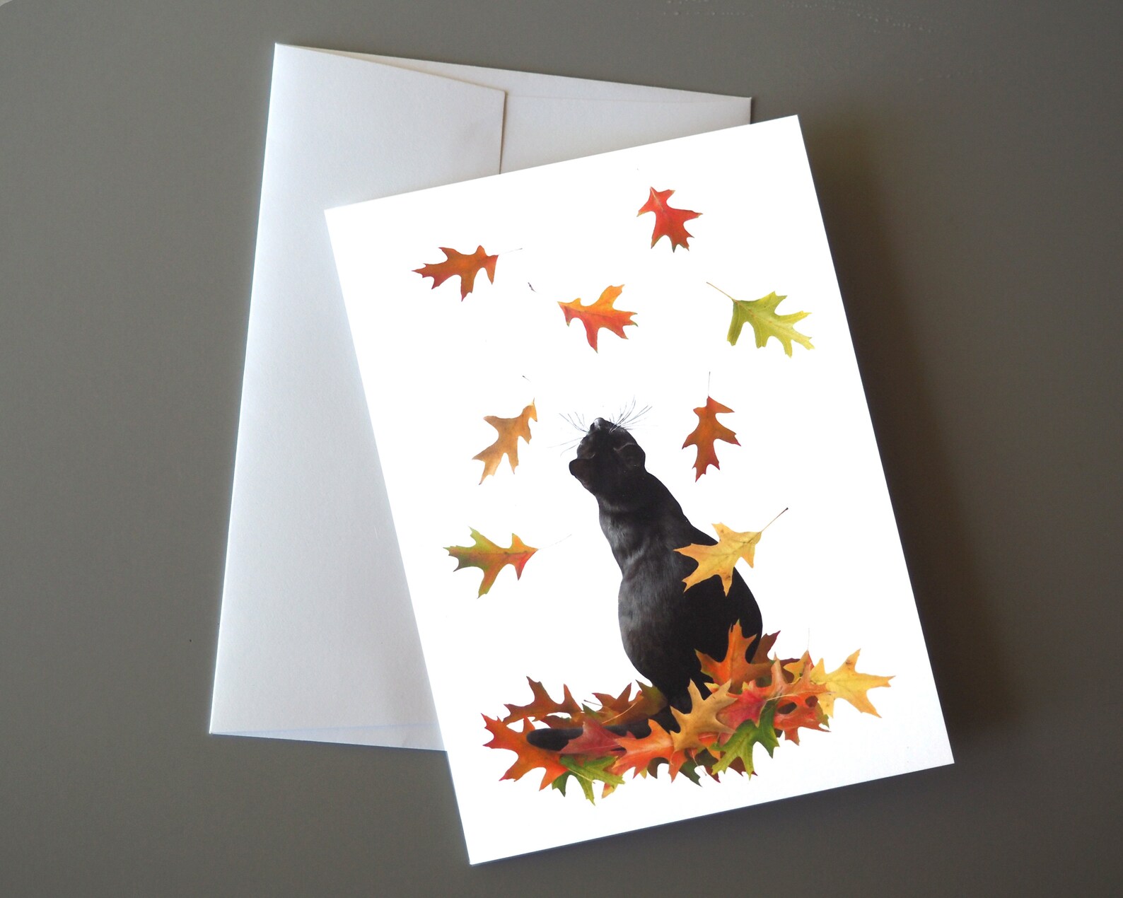 Black Cat Fall Leaves Card - Etsy