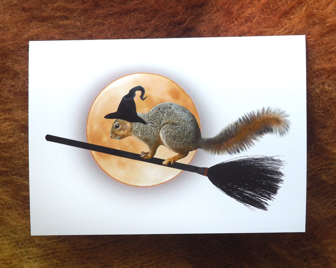 Witch Squirrel on Broom Halloween Card | Etsy