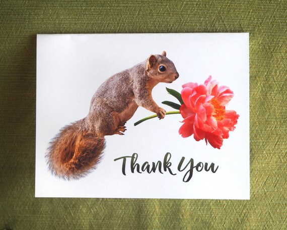 Squirrel with Peony Printable Thank You Card Digital Squirrel | Etsy