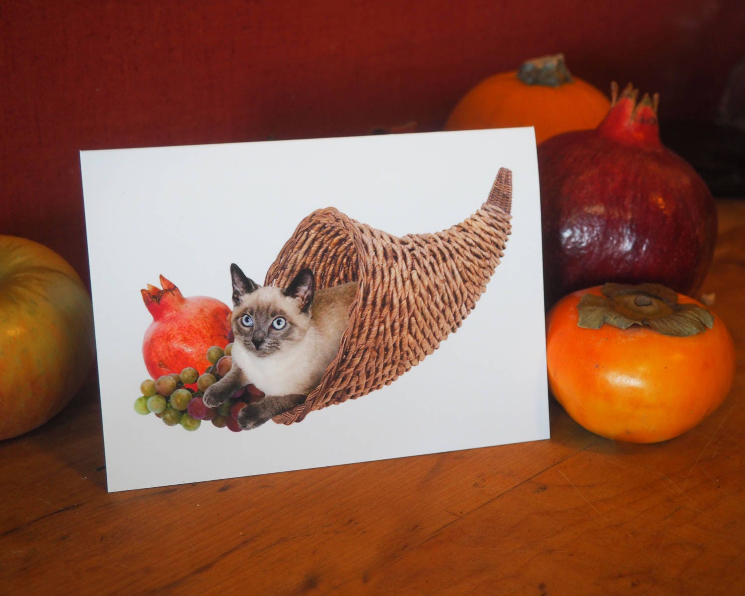 Siamese Cat Cornucopia Card Harvest Cat Thanksgiving Card - Etsy