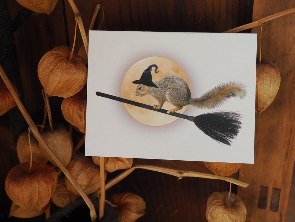 Witch Squirrel Moon Printable Halloween Card | Etsy