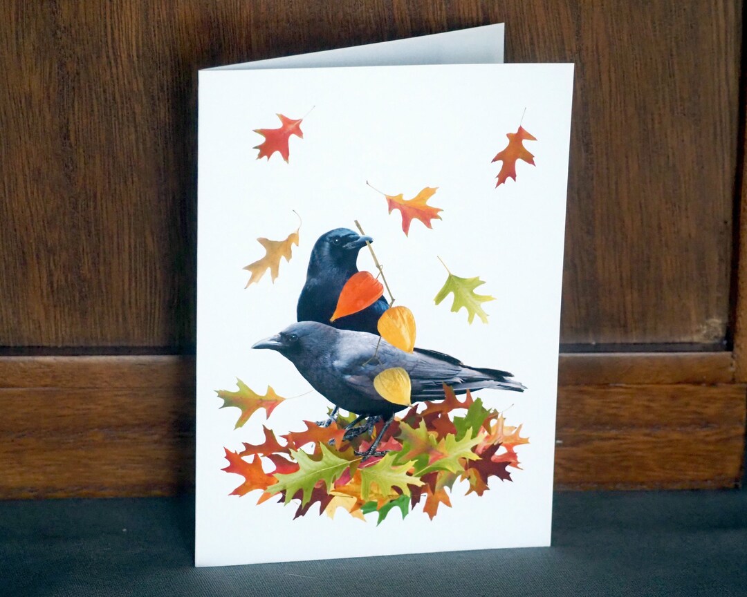 Crows in Fall Leaves Card - Etsy