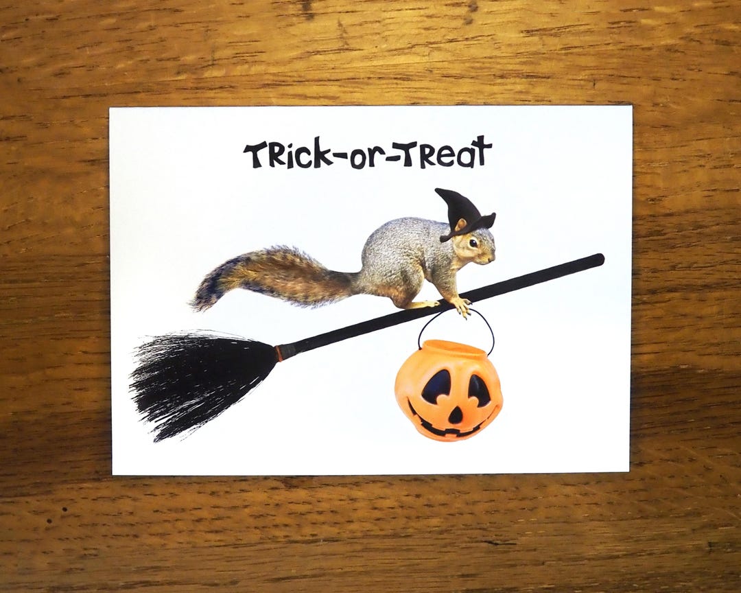 Witch Squirrel on Broom Trick-or-treat Card - Etsy